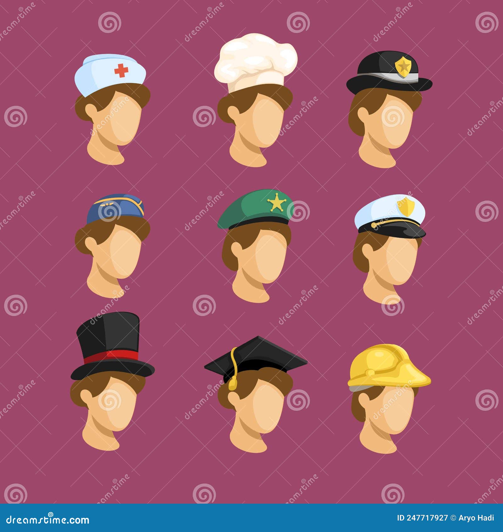 Woman Head Avatar Wear Hat Symbol for Occupation Collection Set Cartoon ...