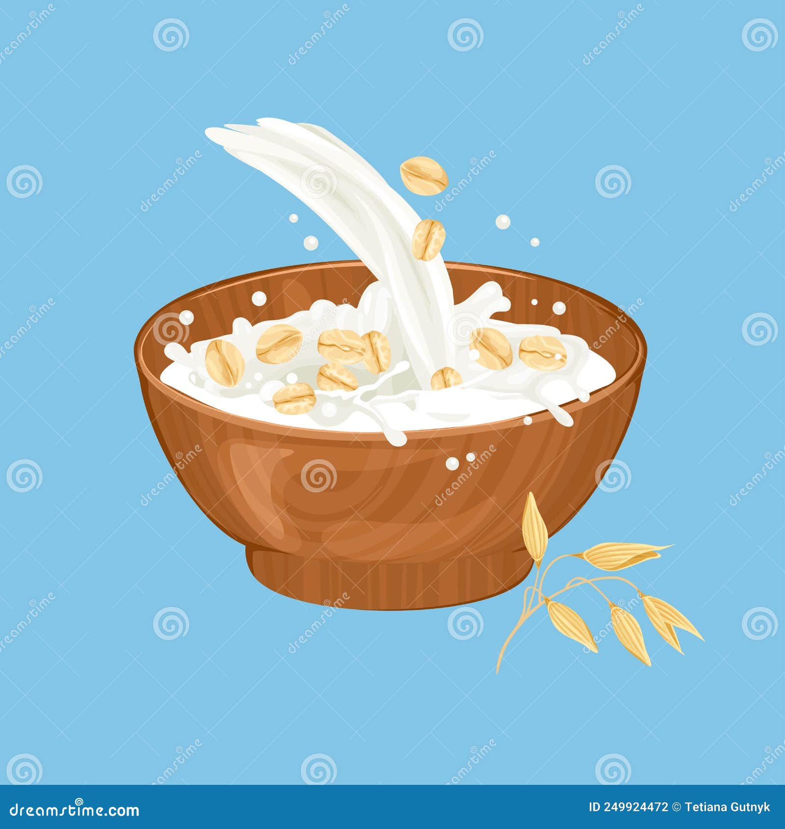 Oat Flakes and Splashing Milk. Vector Cereal Breakfast. Cartoon Food ...