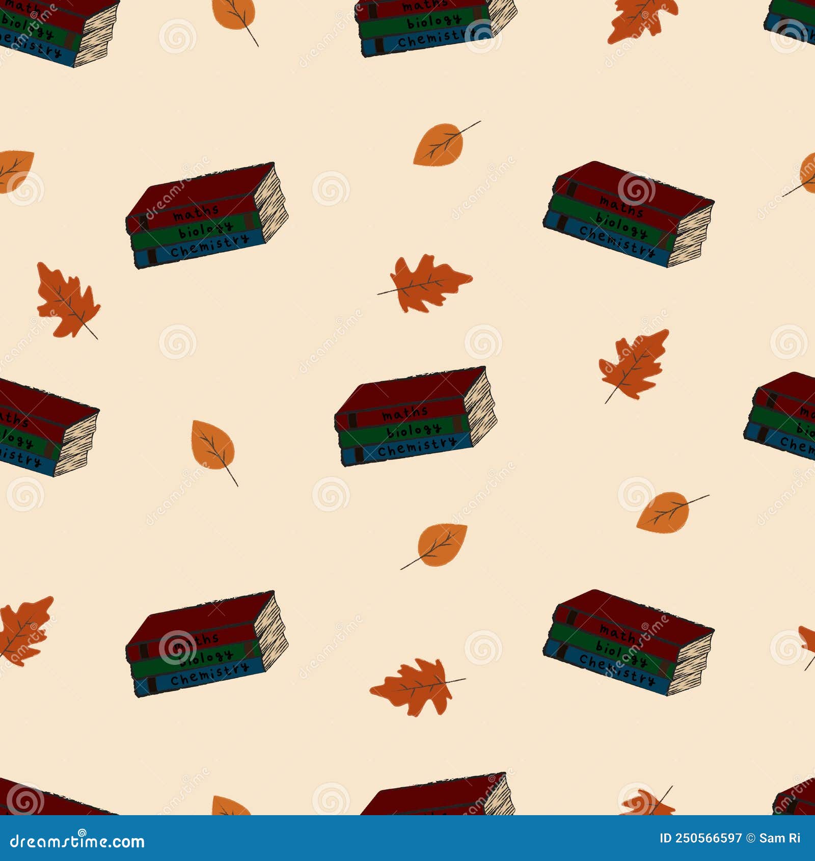 Seamless Hand-drawn Pattern with Books and Leaves. Stock Vector ...