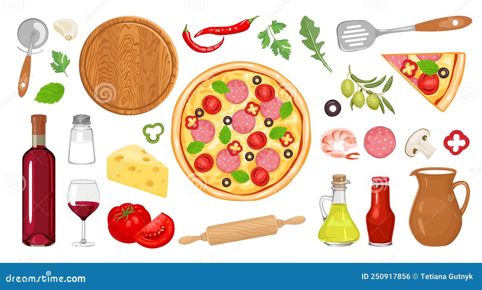 Cartoon Pizza, Ingredients and Kitchen Tools Set. Stock Vector ...