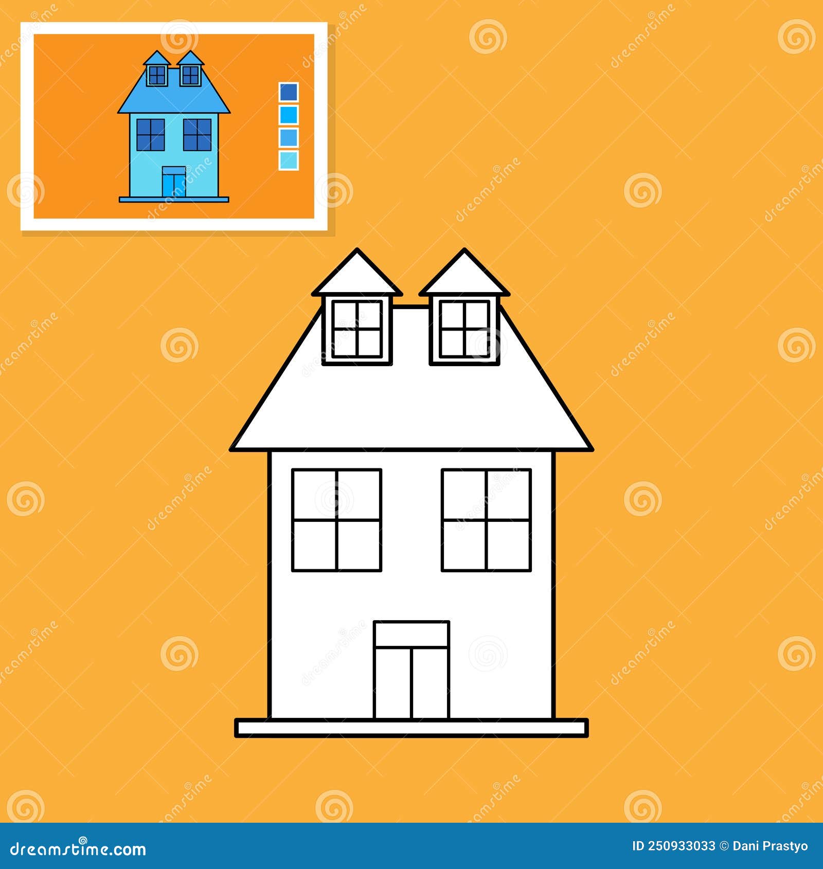 Outlined and Colored House with Palette Colours. Children Coloring Book ...