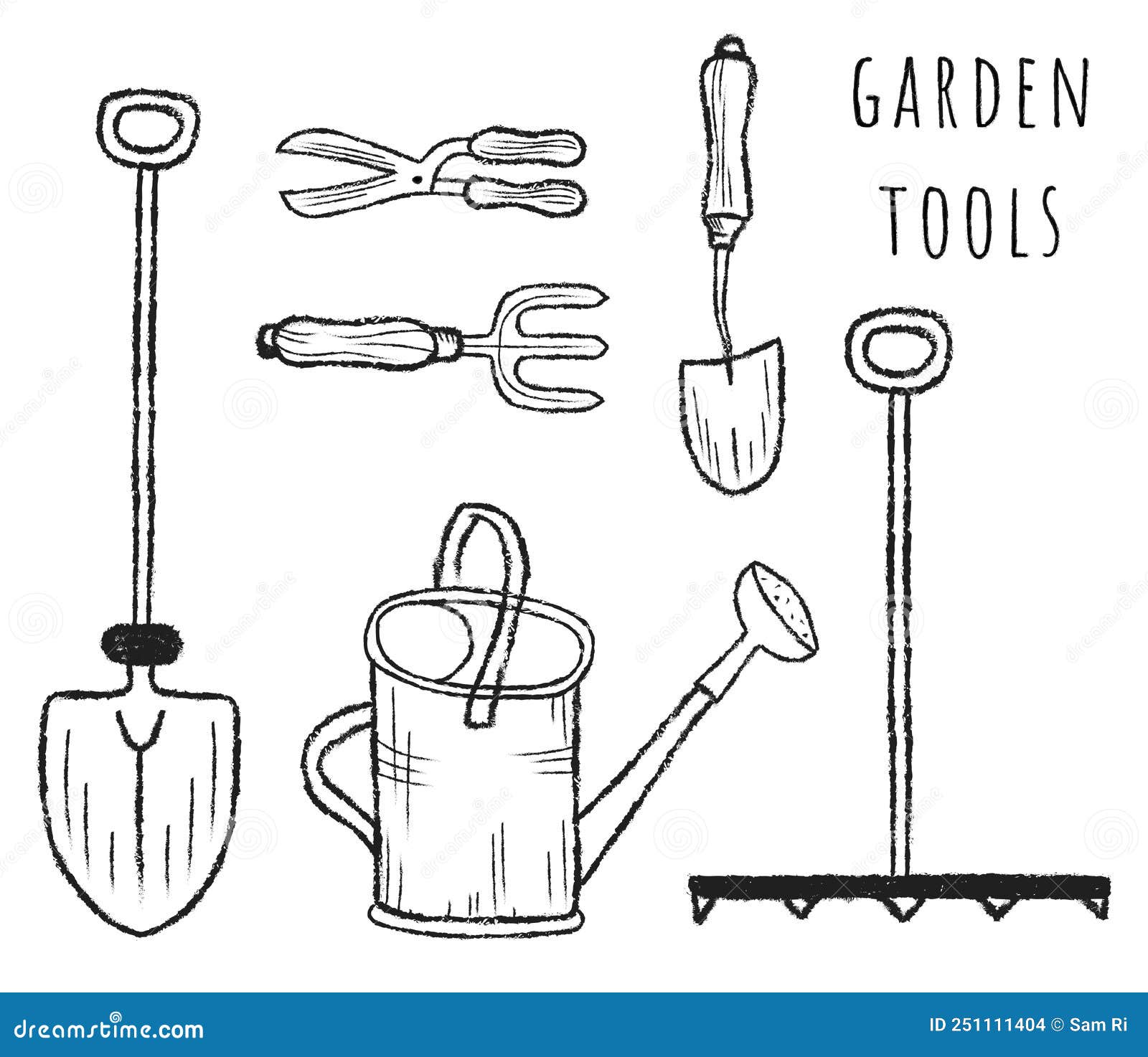 Set of Hand Drawn Isolated Gardening Tools. Stock Vector - Illustration ...
