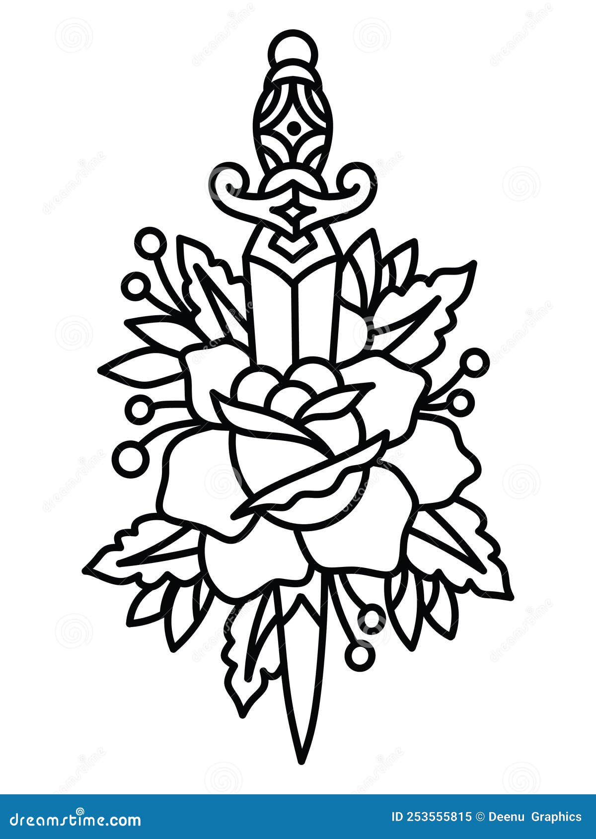 Tattoo Sketch with Dagger and Rose. Hand Drawn Illustration Stock ...
