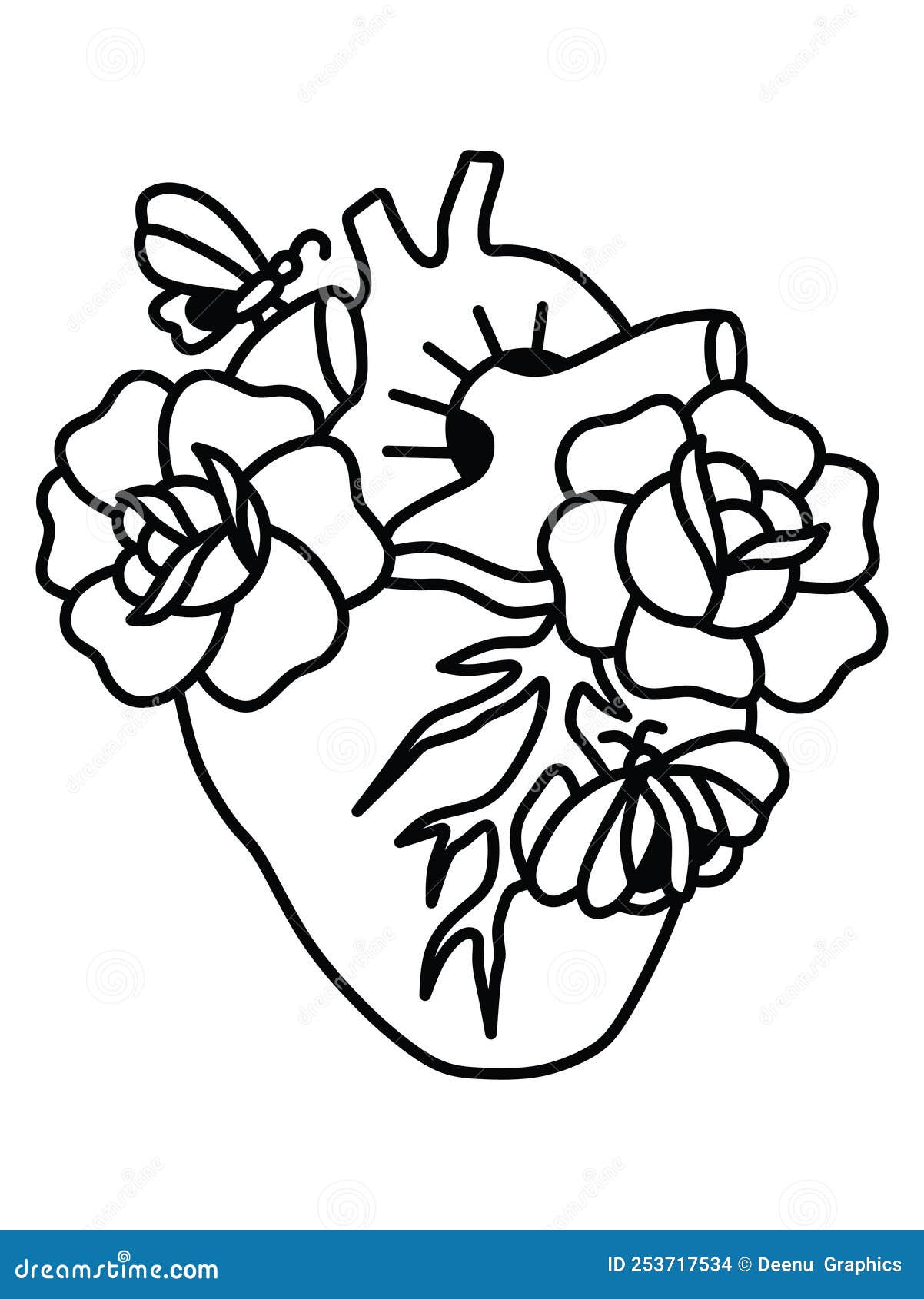 Floral Anatomical Heart. Outline Heart with Flowers. Stock Vector ...