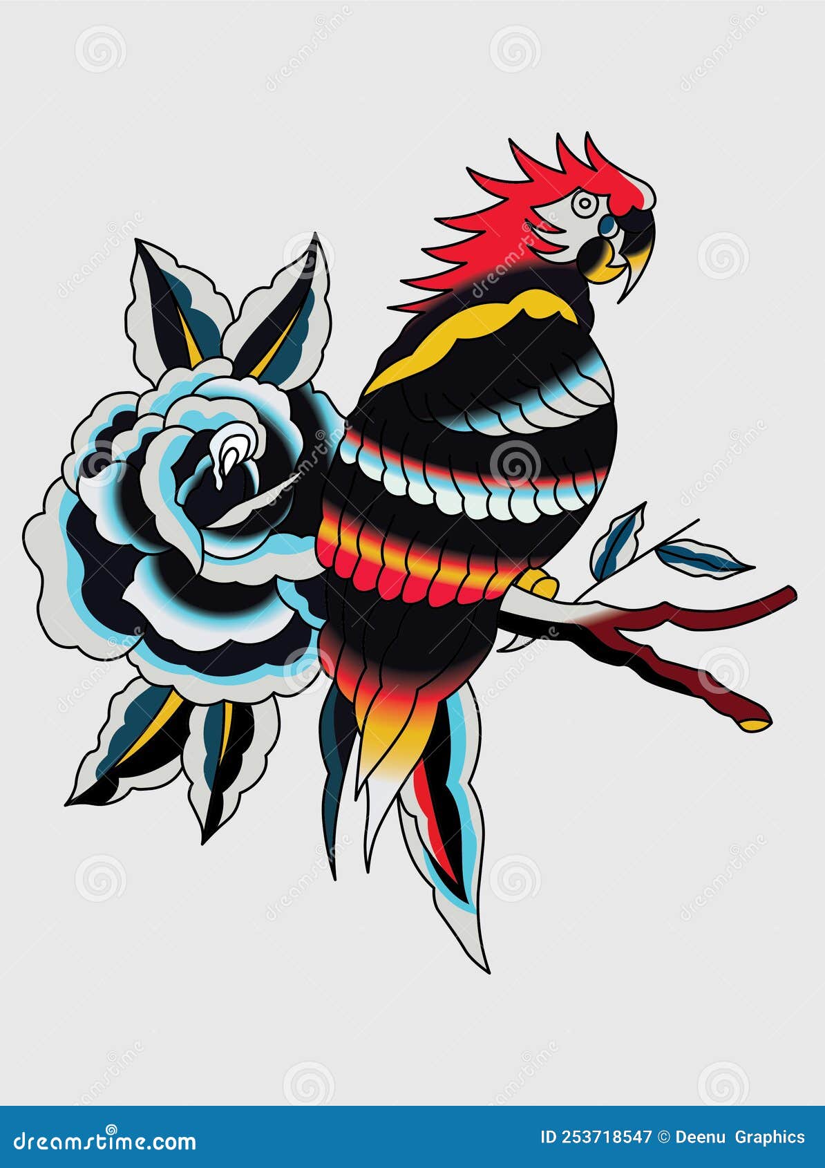 Colorful Artwork Bird and Red Rose Flower Stock Vector - Illustration ...