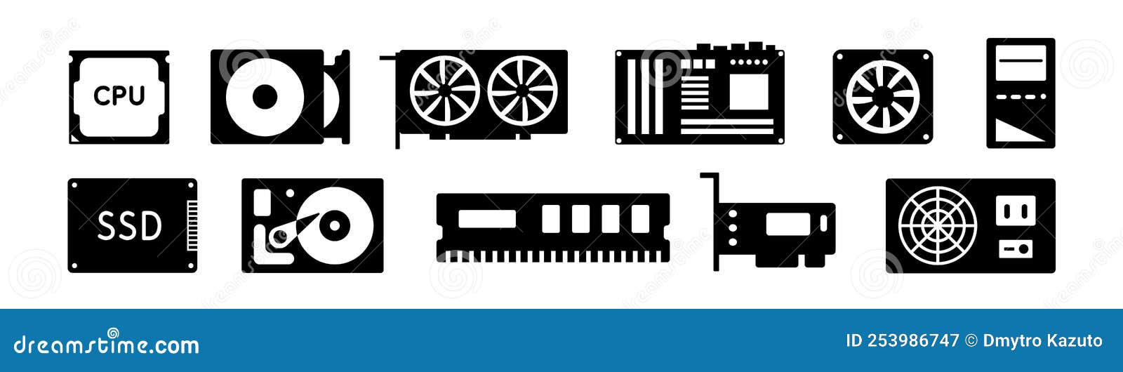 Computer Parts. Accessories. Black Icons Isolated on White Background ...