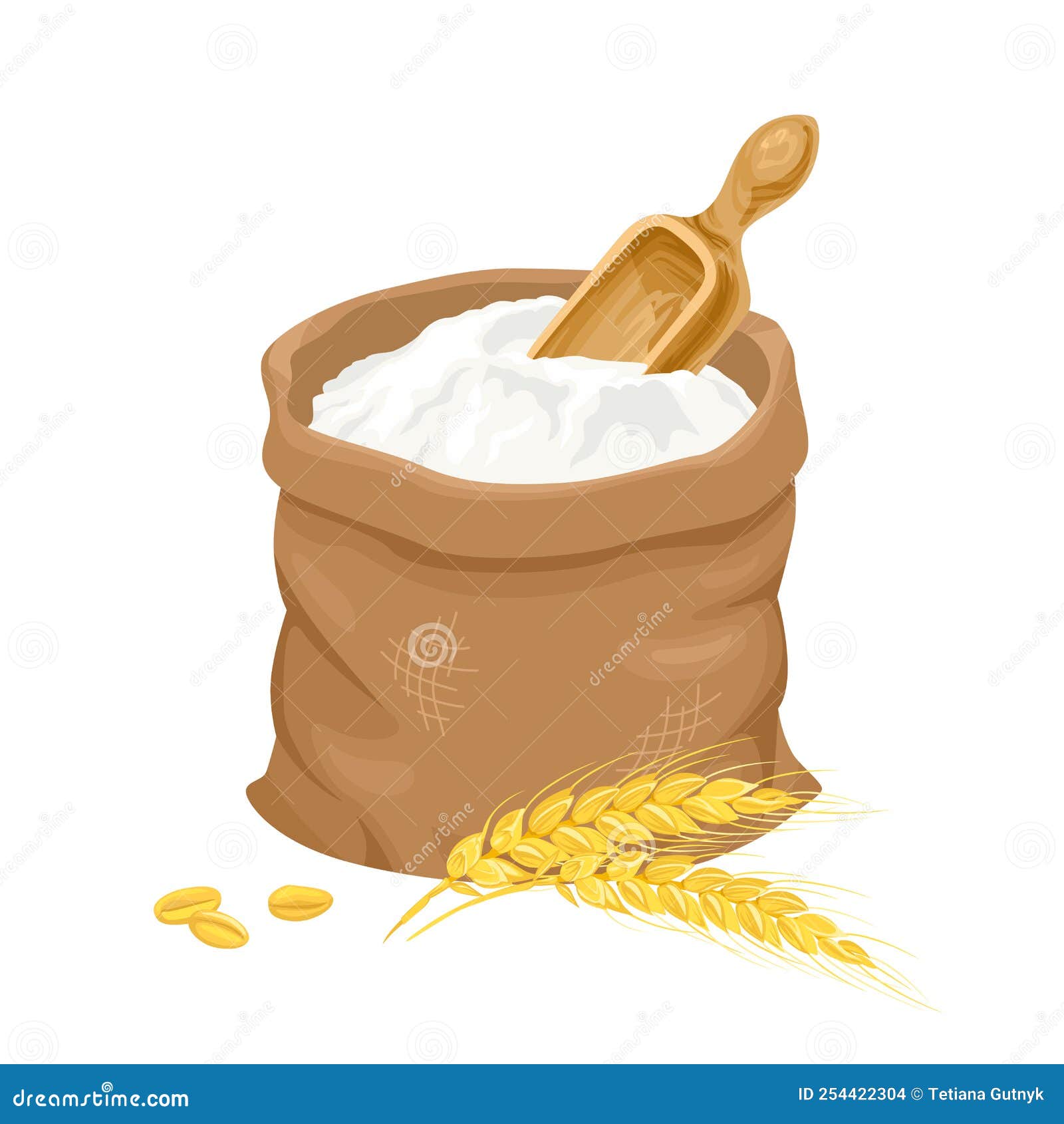 Sack with Wheat Flour and Golden Ears Isolated on White. Stock Vector ...