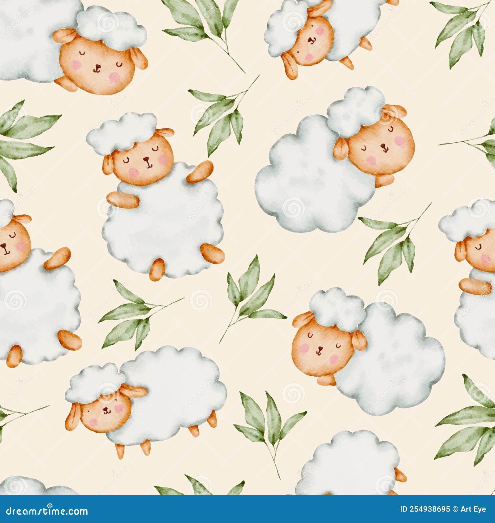 Watercolor Hand-drawn Cute Sheep with Leaves Pattern Background ...