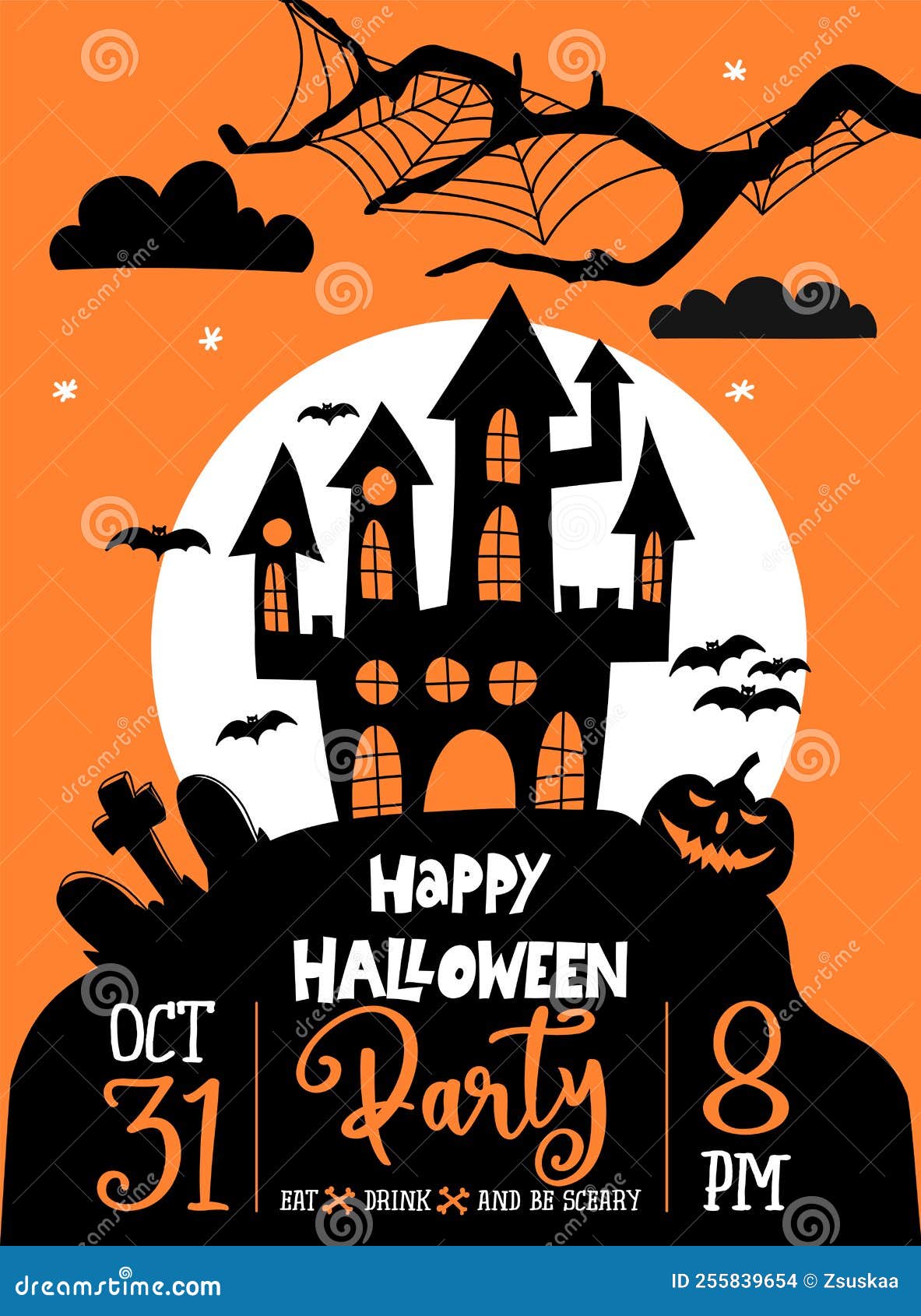Happy Halloween Party - Poster with Graveyard and Pumpkin in Dark Style ...