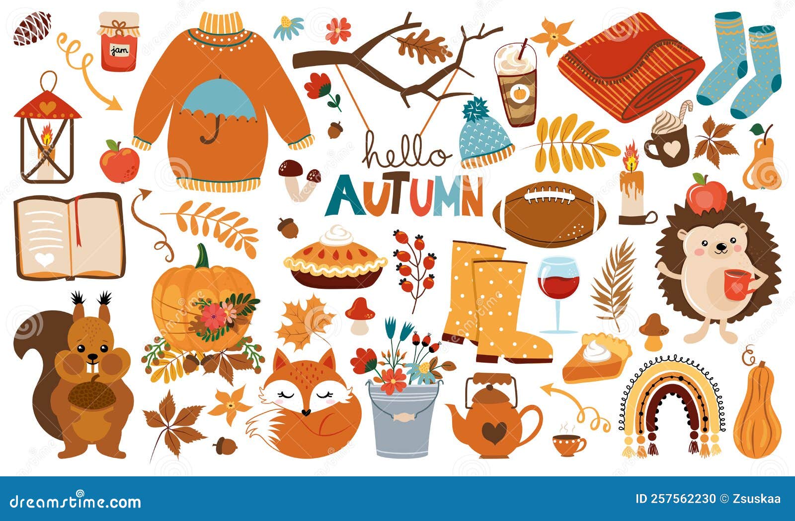 Hello Autumn - Cute Animal Characters and Garden Elements. Stock Vector ...
