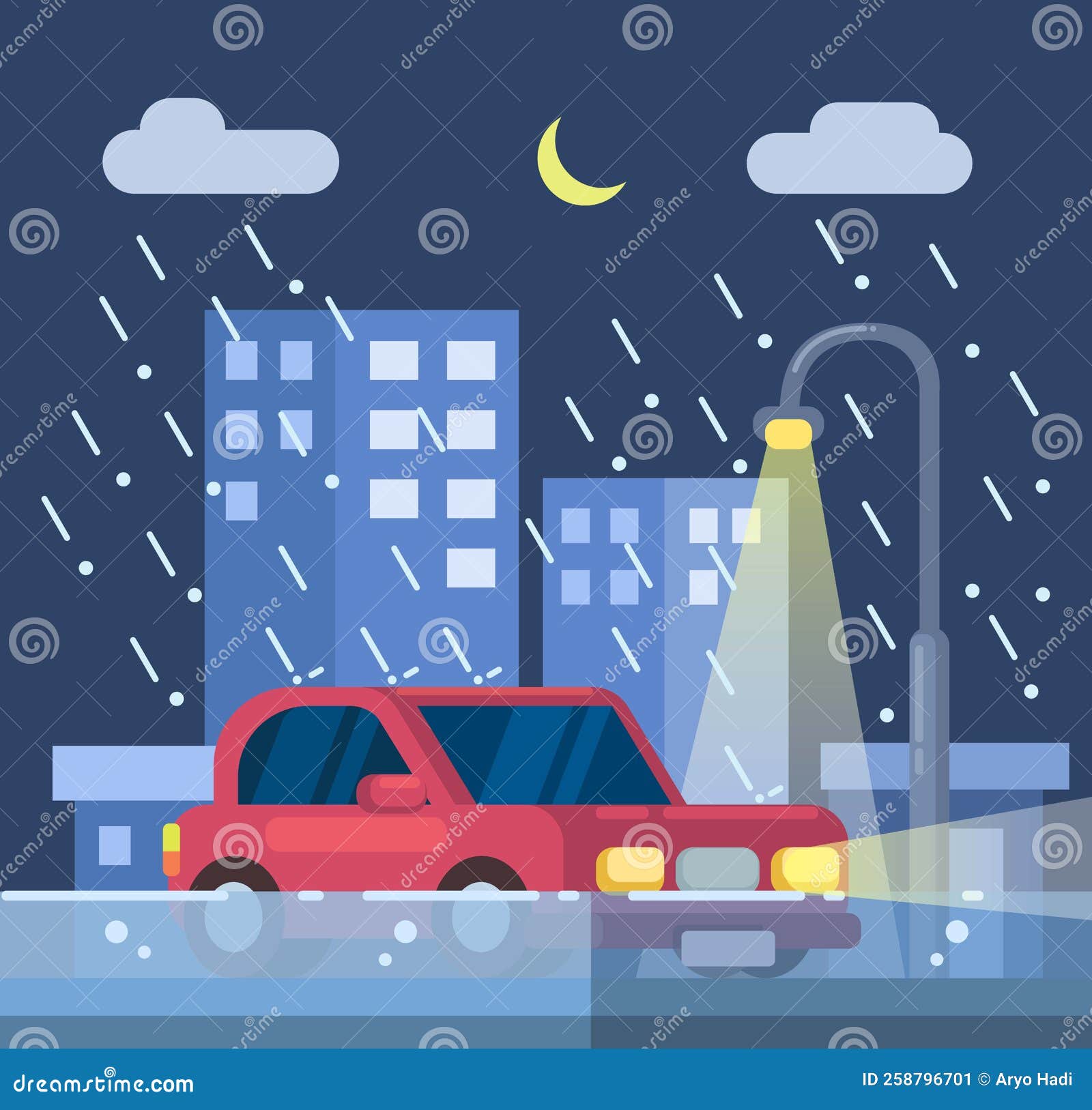 Car at Raining Night and Flood Disaster Scene Illustration Vector Stock ...