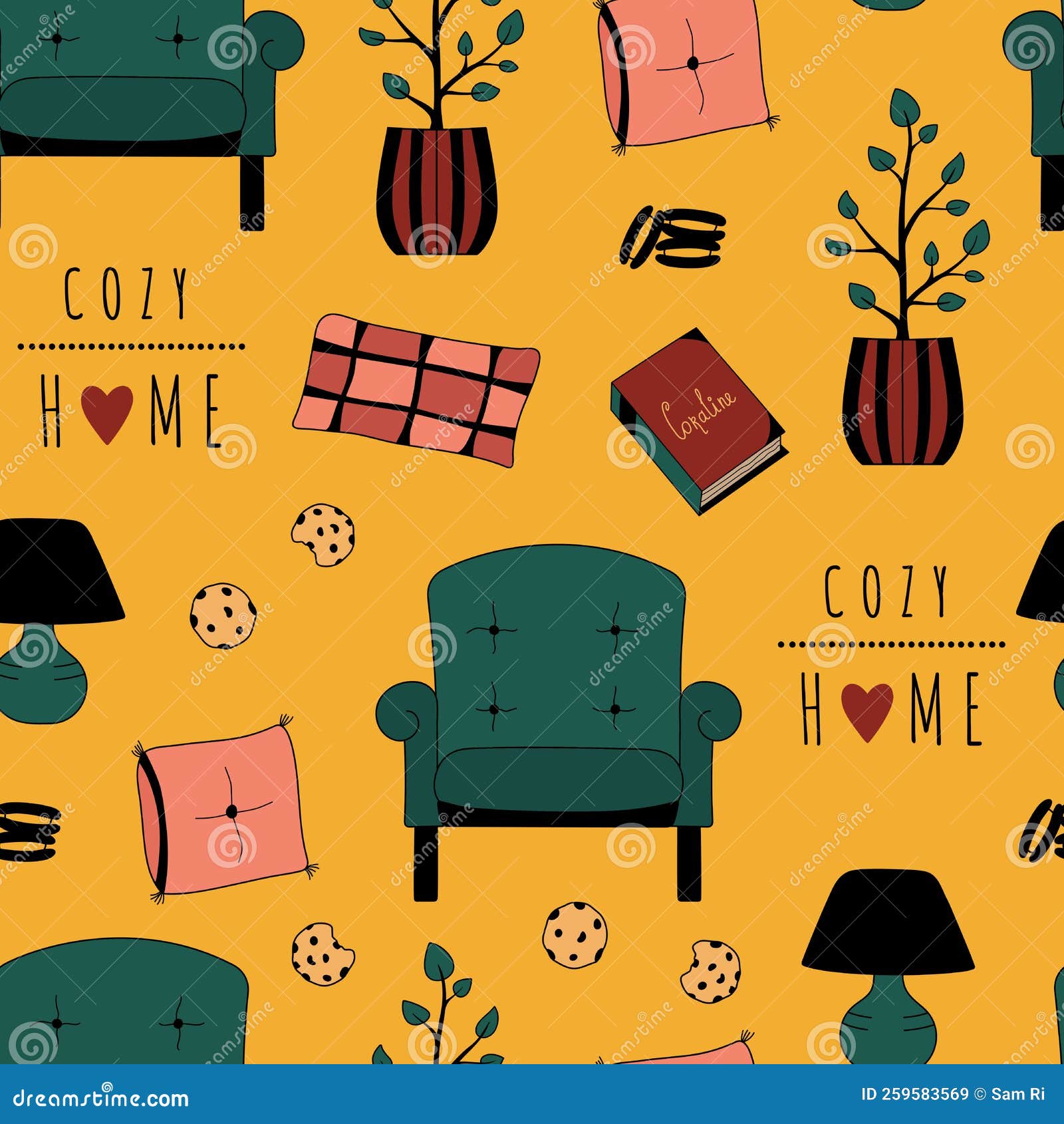 Cozy Home Seamless Hand Drawn Pattern. Interior Items Cute Background ...