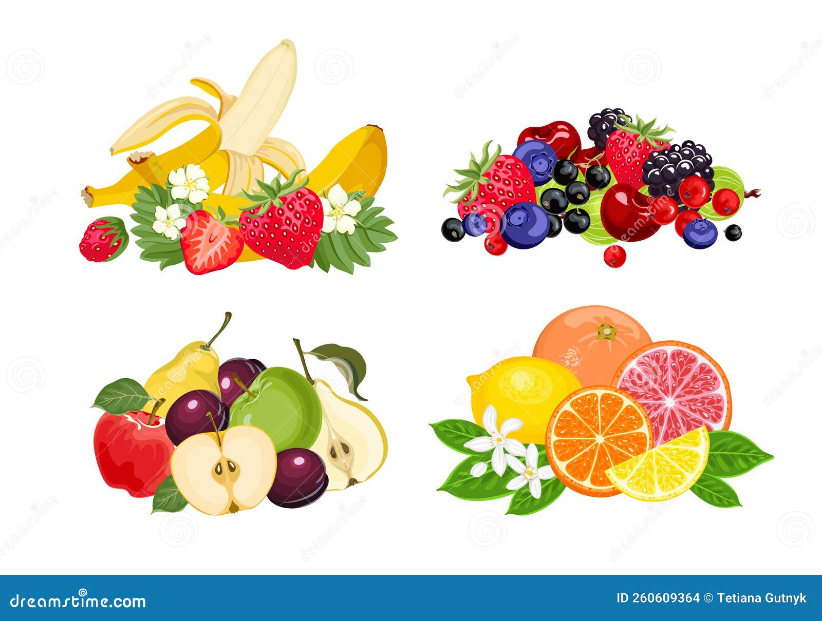 Fruits, Berry And Citruses Set. Piles Of Fresh Food. Vector Cartoon ...