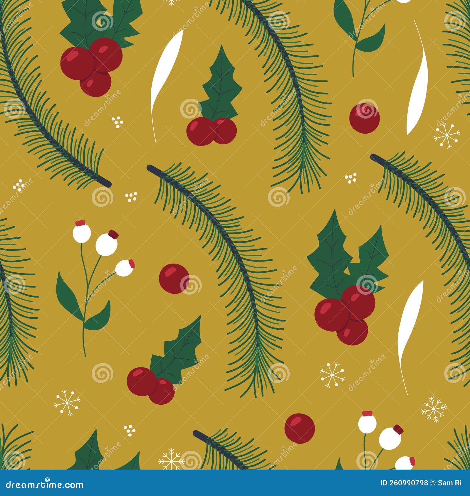 Christmas Seamless Pattern with Fir Branches, Red Berries, Holly, Snowflakes Stock Vector ...