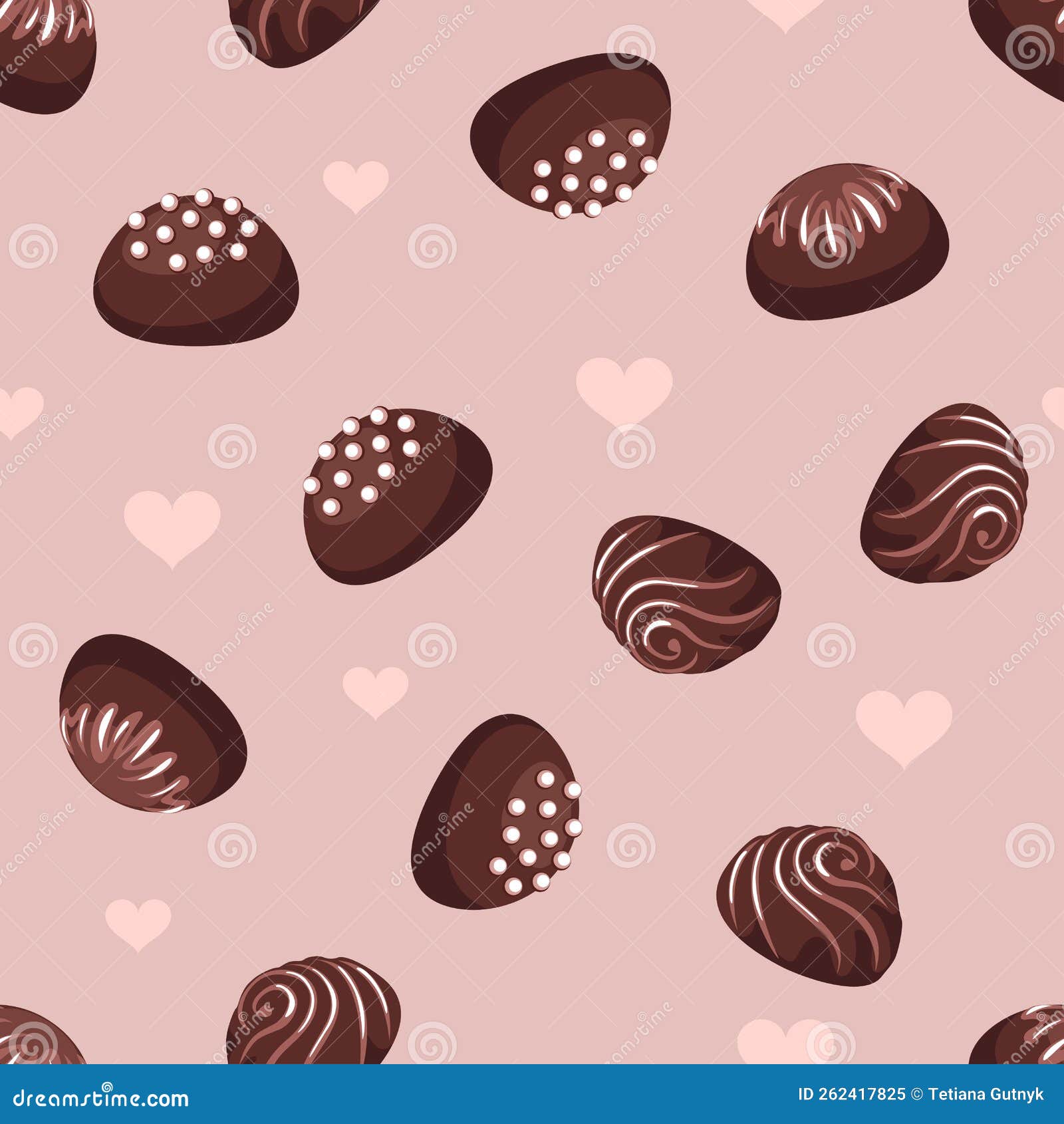 Chocolate Candies and Hearts Seamless Pattern. Vector Background with ...