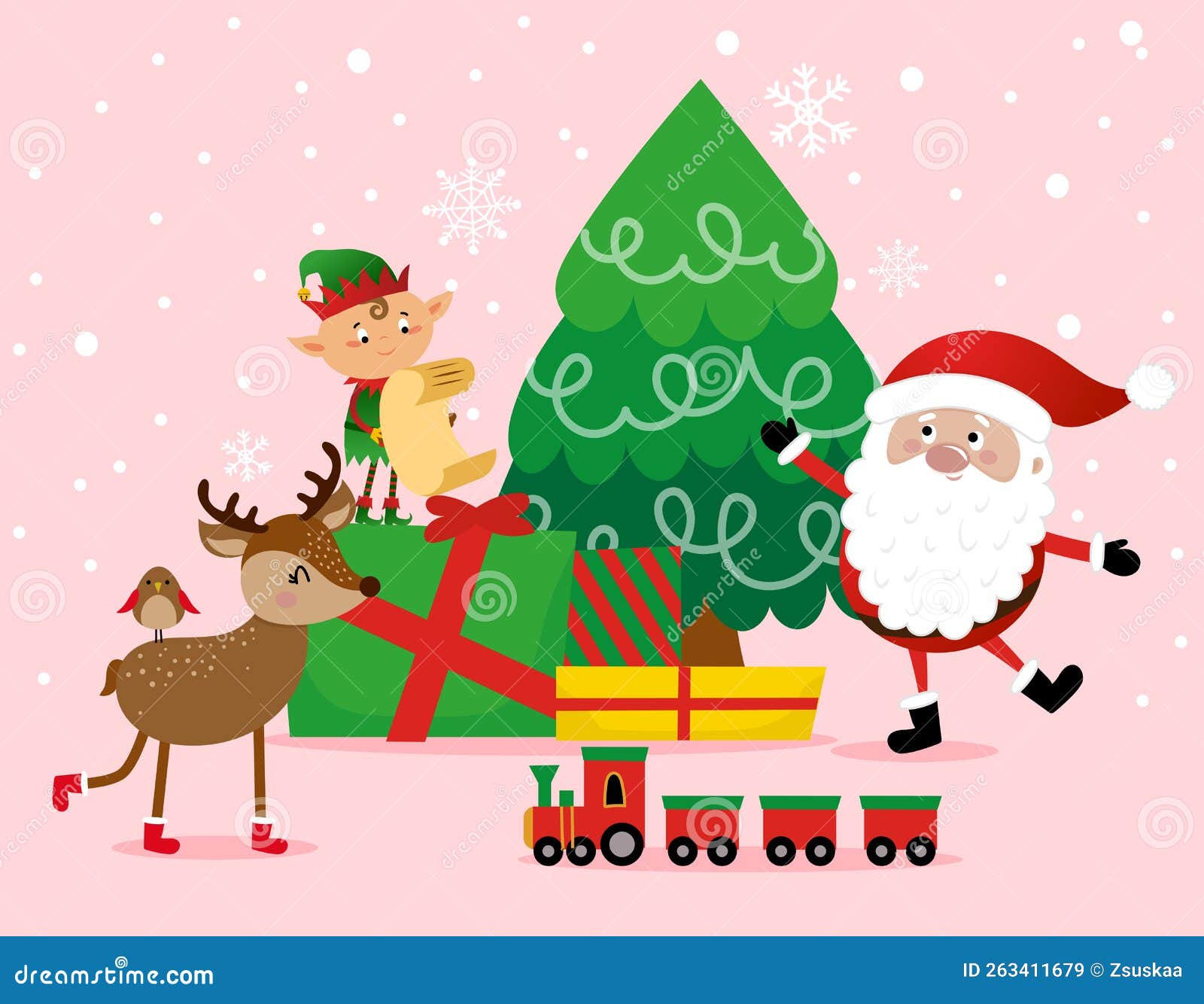 Christmas Scene - Santa`s Little Helpers in Cartoon Style. Stock Vector ...