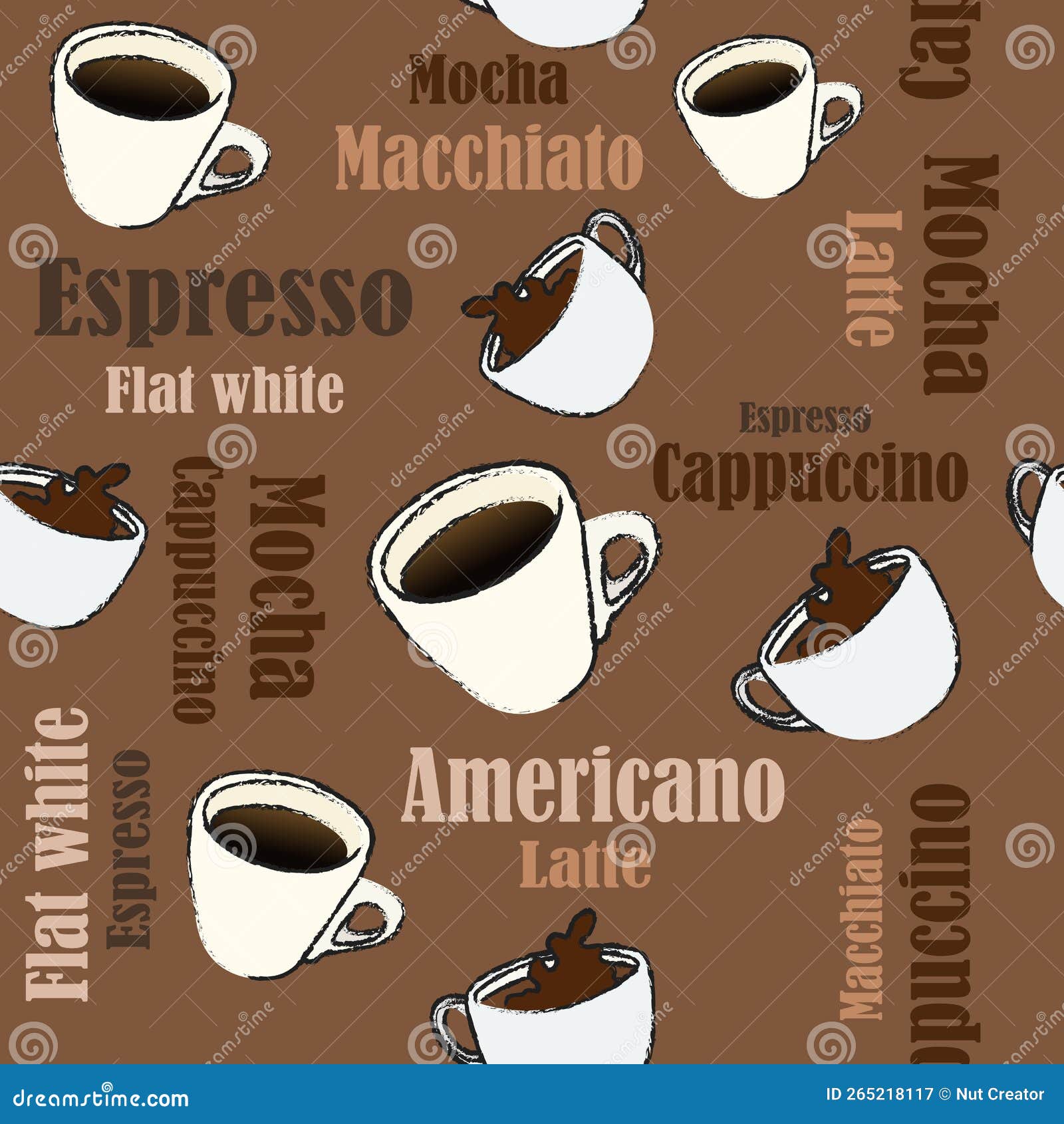 Coffee Cup and Type of Coffee Sign Pattern Seamless Vector on Brown ...