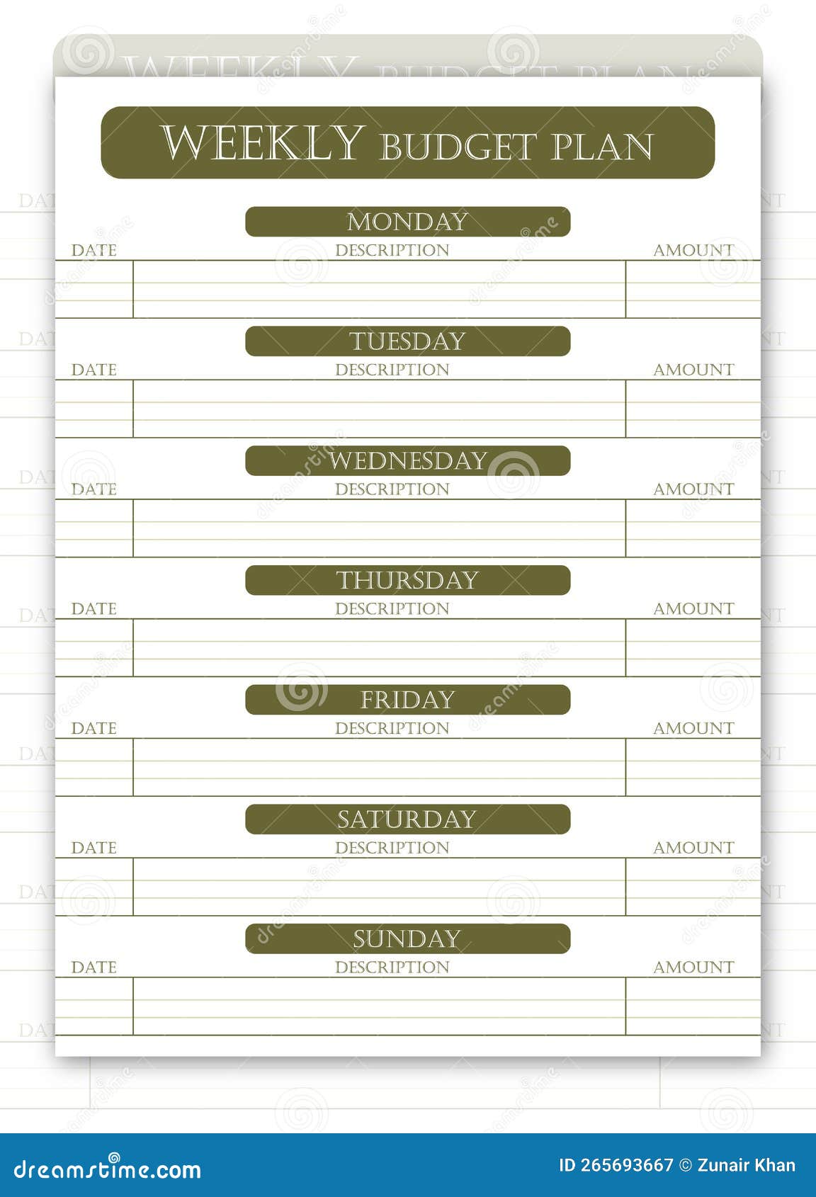Vector Weekly Budget Plan Template in Green Stock Vector - Illustration ...