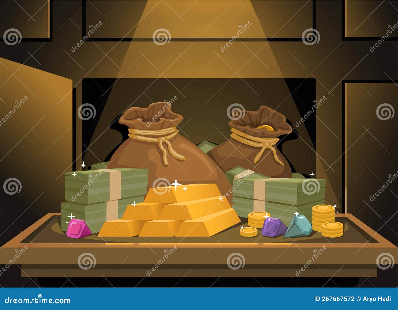 Money Gold and Jewellery in Bank Locker Dark Room Cartoon Illustration ...