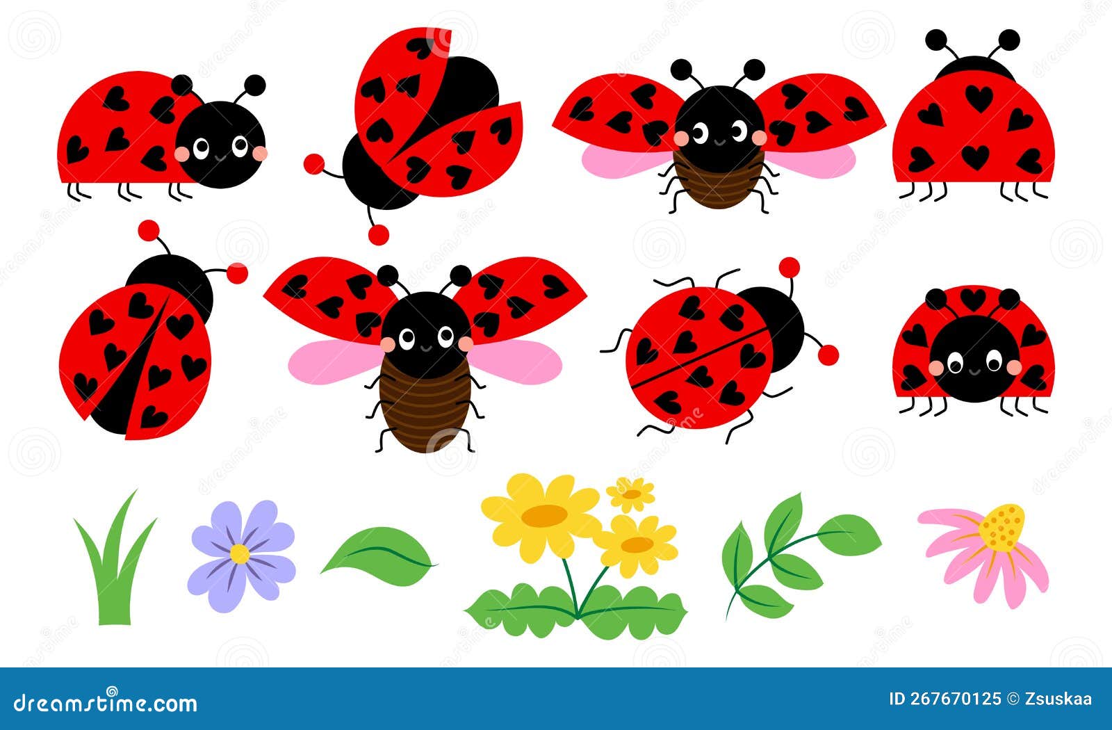 Cute Cartoon Ladybug Collection with Flowers and Leaves, Red Beetle ...