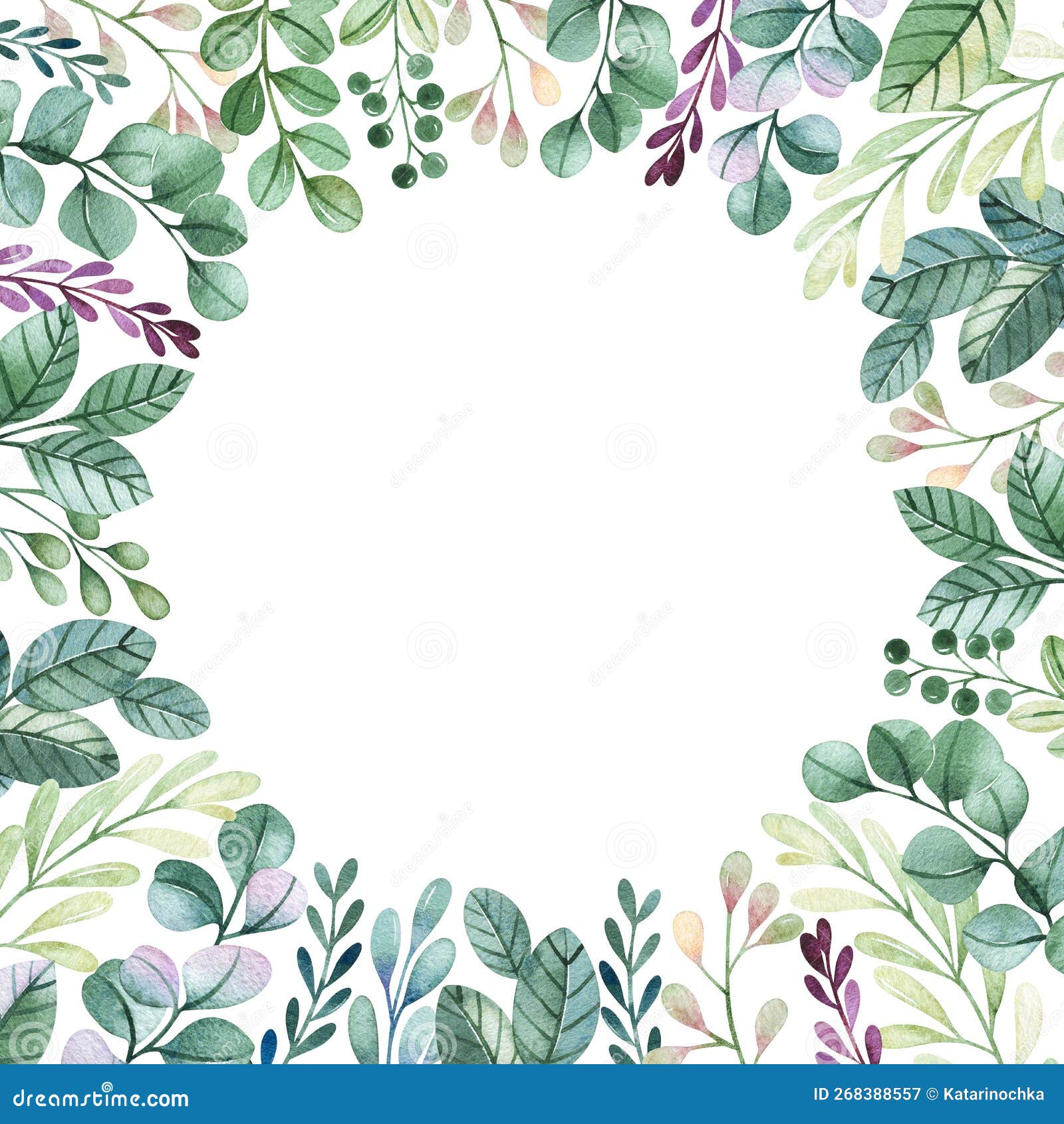 Lovely Watercolor Frame Border with Leaves and Branches. Stock ...