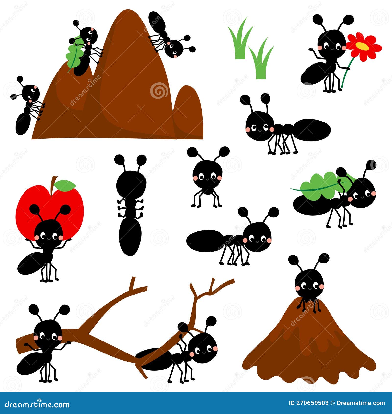 Cute Cartoon Ant Collection with Flowers, Leaves and Anthill. Stock ...