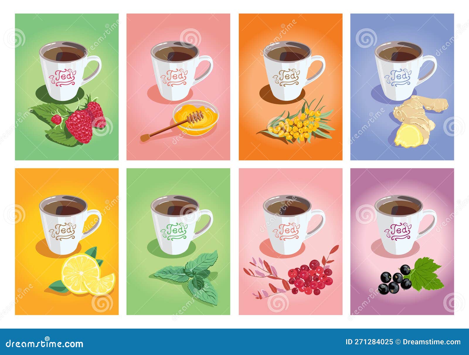 Tea Banners Set. a Cup of Raspberry Tea, Mint, Ginger, Sea Buckthorn ...
