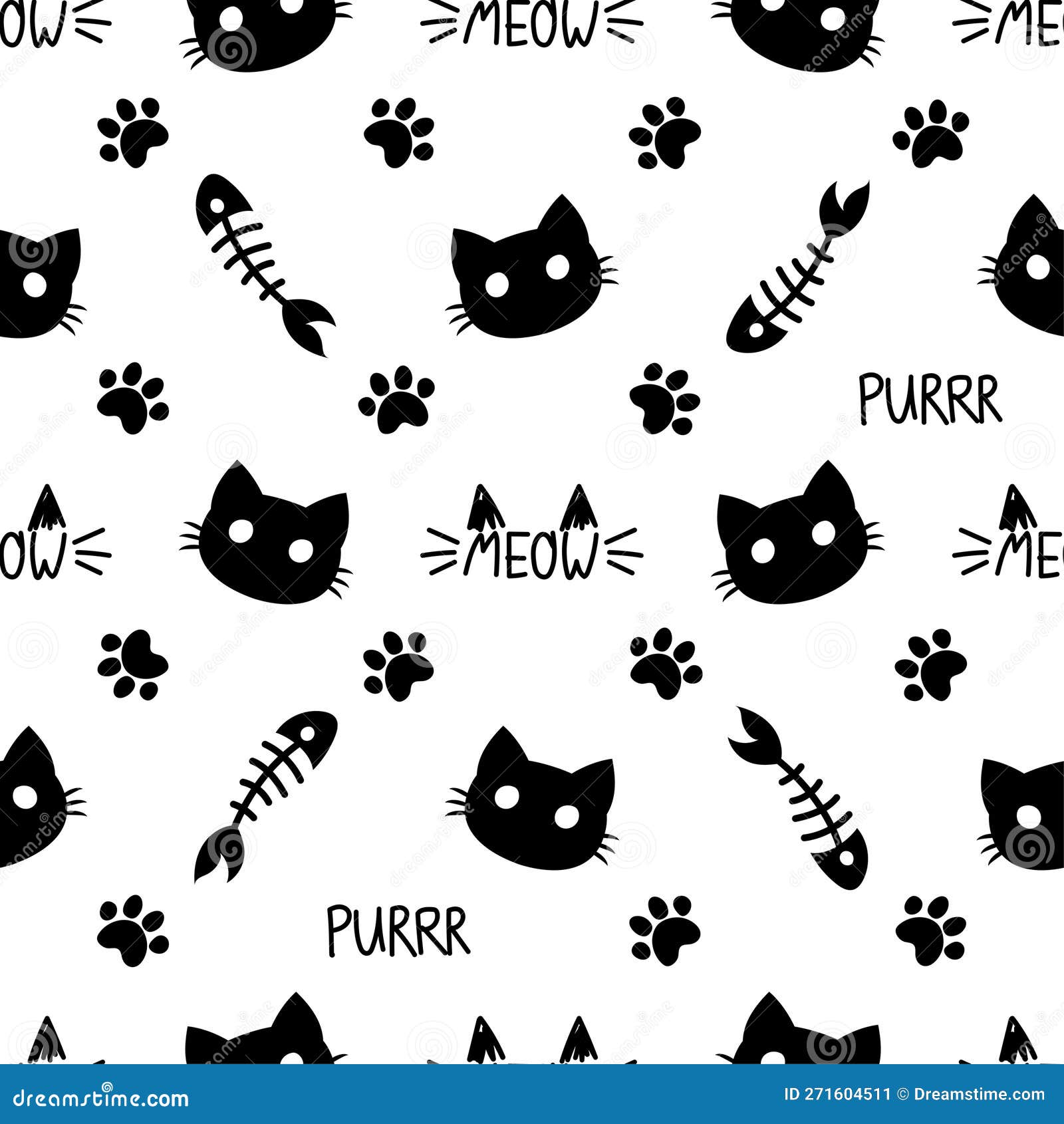 Cute Cat Paw, Fishbone and Face Pattern - Funny Vector Drawing Seamless ...
