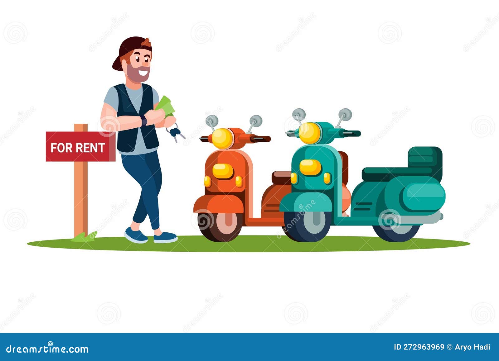 Rent Motobike, Man with Motorcycle Rental Business Cartoon Illustration ...