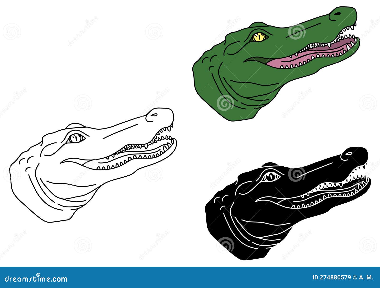 Alligator Head Vector Clipart Set - Outline, Silhouette and Color Stock ...