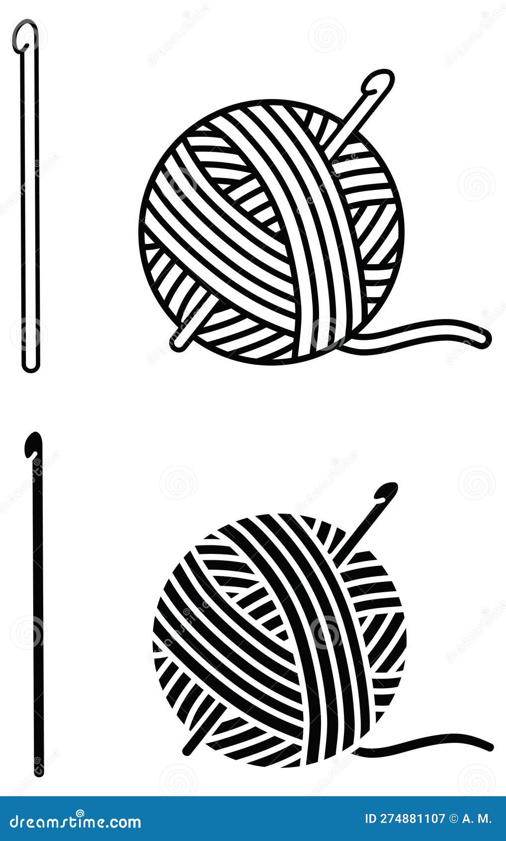 Crochet Hook and Wool Yarn Ball Clipart Set - Outline and Silhouette ...
