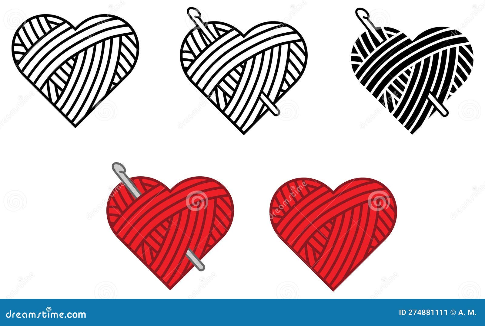 Crochet Hook & Wool Yarn Heart Clipart - Outline, Silhouette and Color ...