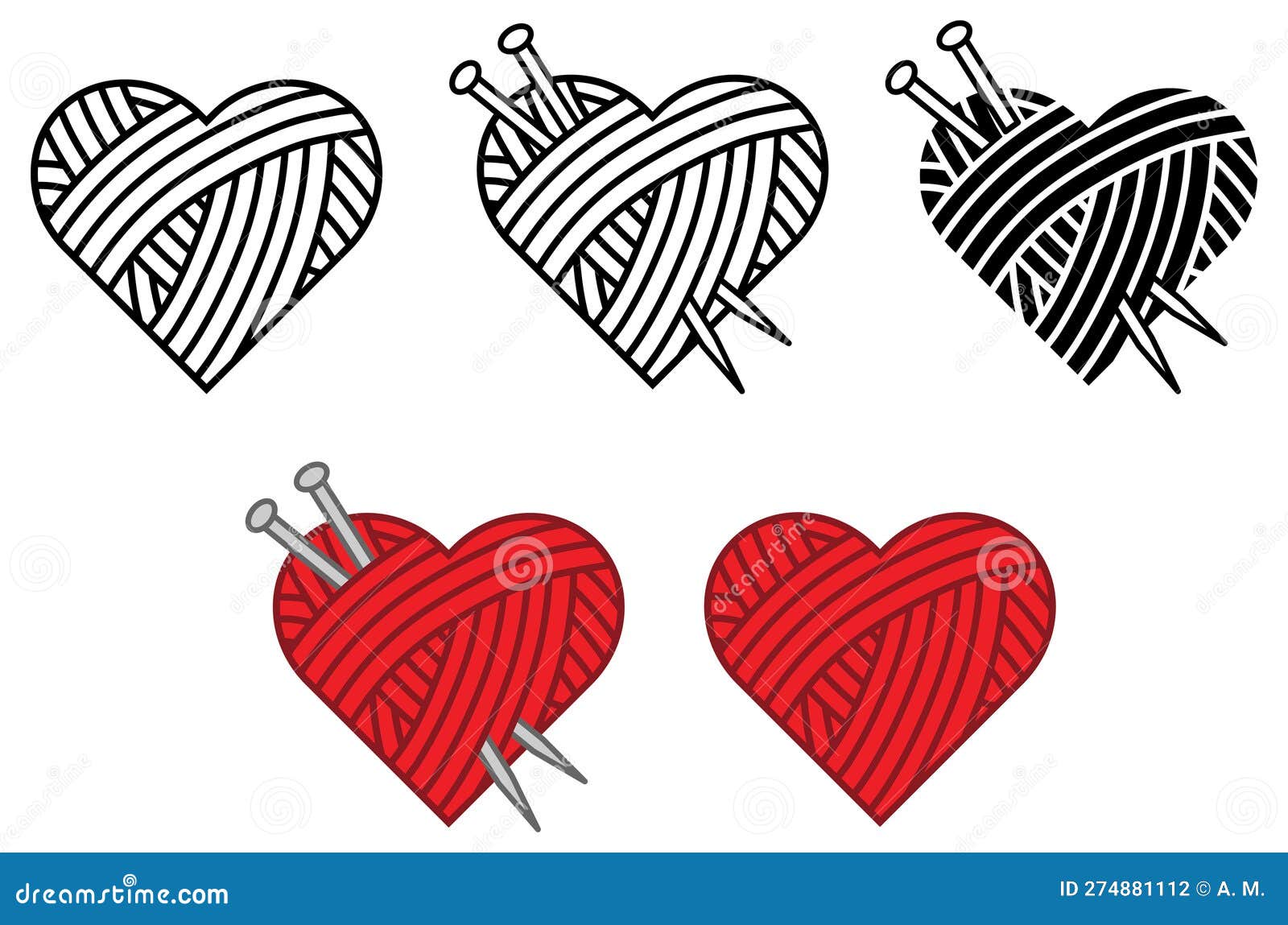 Knitting Needles and Yarn Heart Ball Clipart Set - Outline, Silhouette ...
