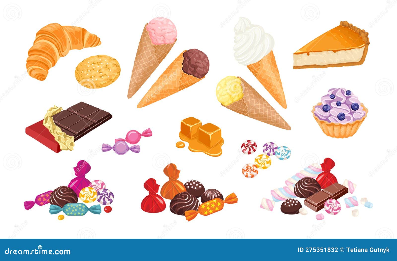 Collection of Different Sweets. Set of Vector Cartoon Illustrations of ...