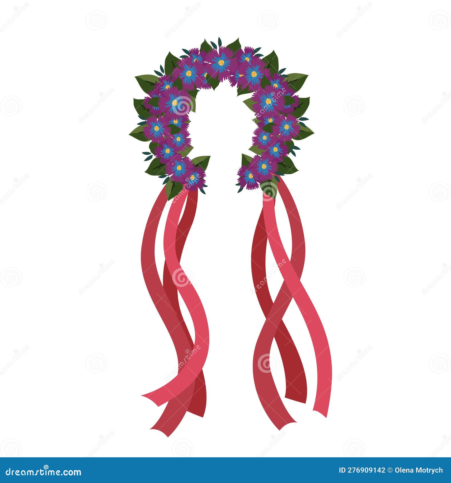 Floral Head Wreath on White Background. Violet Flowers and Ribbons ...