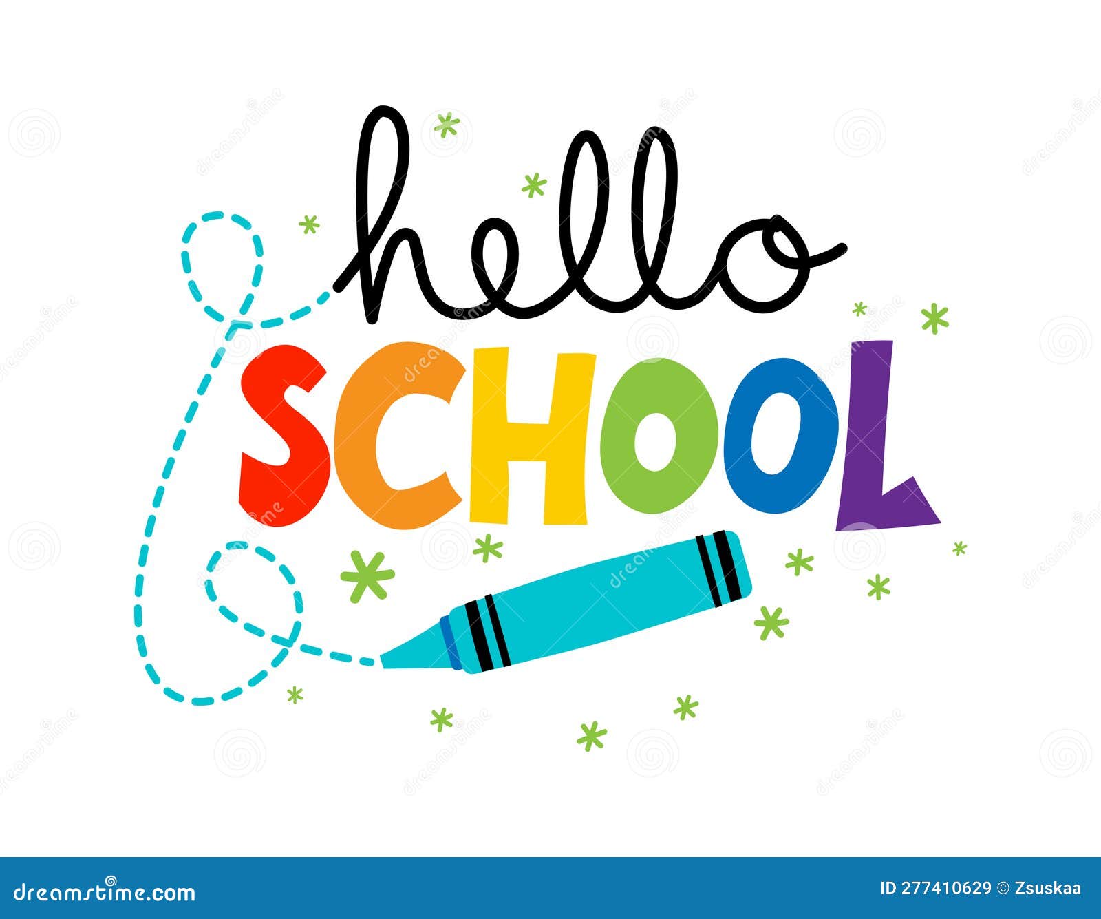 Hello School with Childish Colorful Crayon - Typography Design. Stock ...