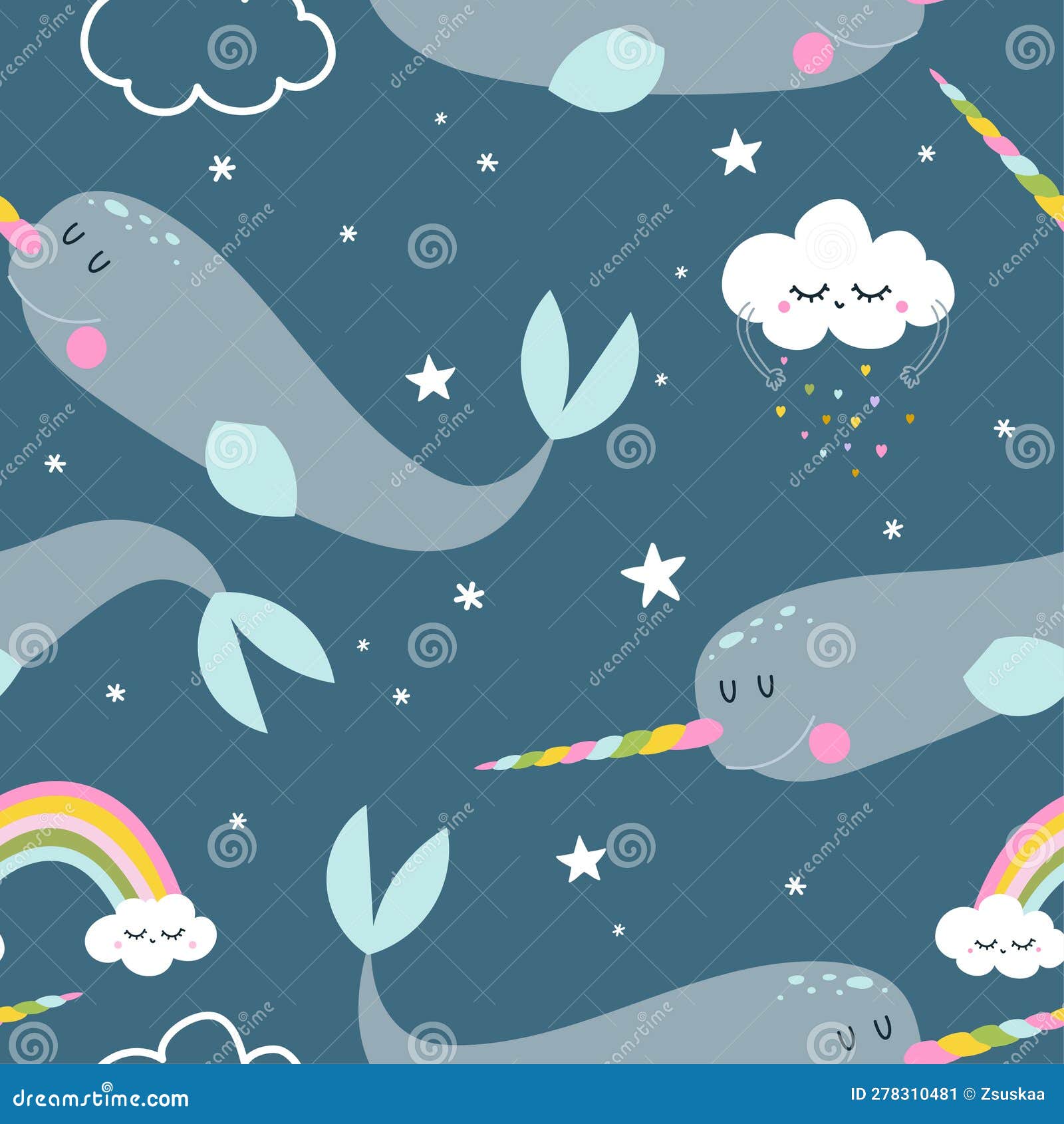 Blue Narwhal Pattern Design with Clouds and Rainbows Stock Vector ...