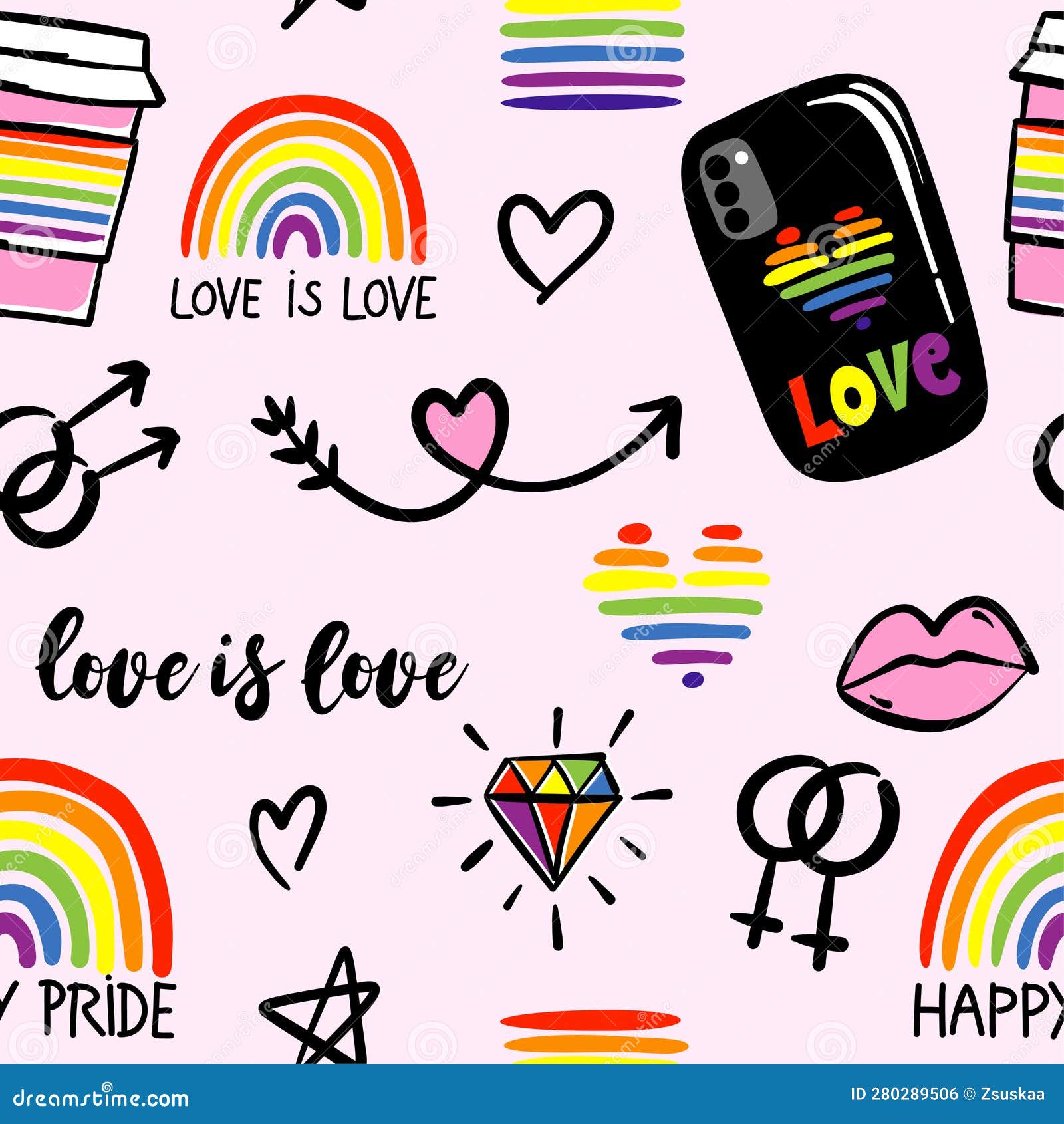 Cute Seamless Pattern with Lgbt Rainbow, Hearts, Text, Arrows and Stars ...