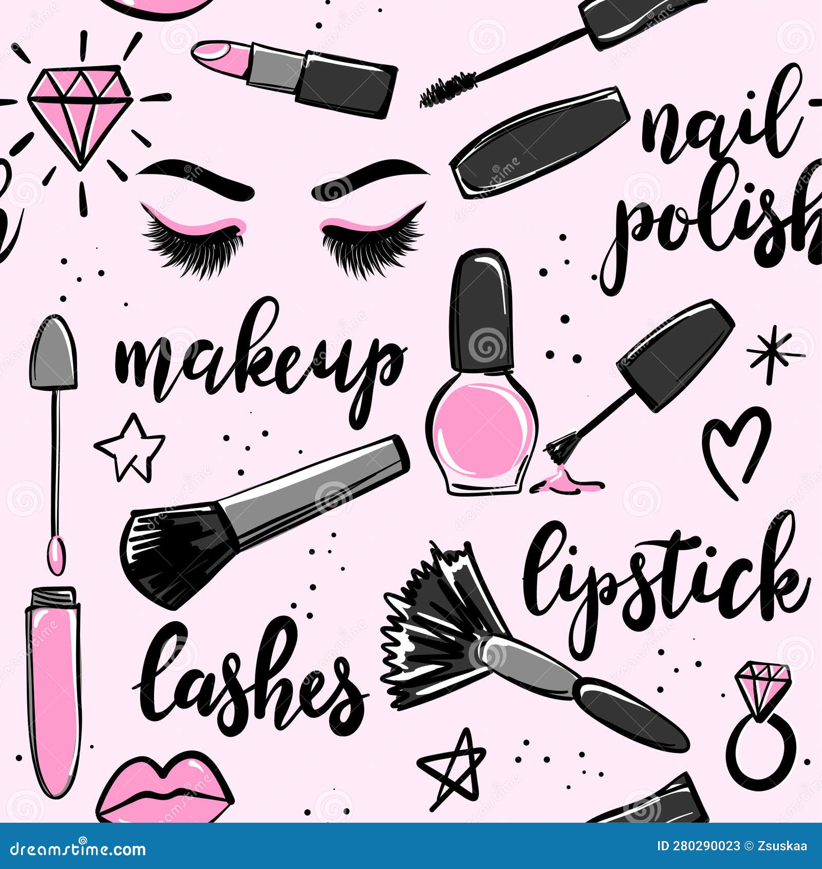 Cute Makeup Elements - Funny Doodle, Seamless Pattern. Stock Vector ...