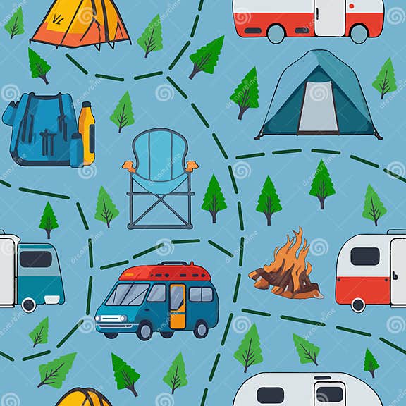Camping Element Pattern Seamless Vector on Blue Background , Camping ...