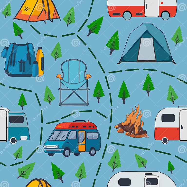 Camping Element Pattern Seamless Vector on Blue Background , Camping ...