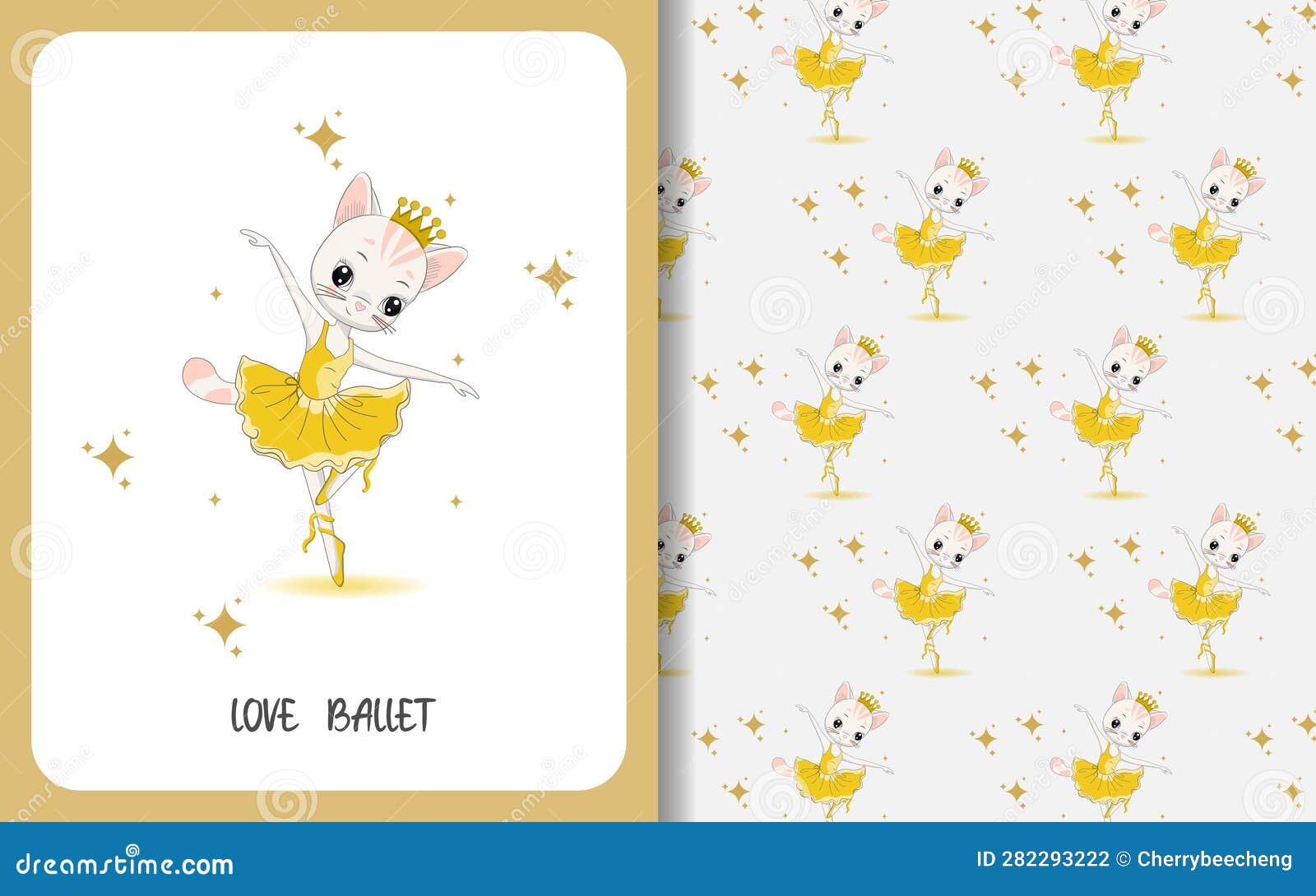 Cute Little Cat Ballerina Dancer Cartoon. Kitty Card and Seamless ...