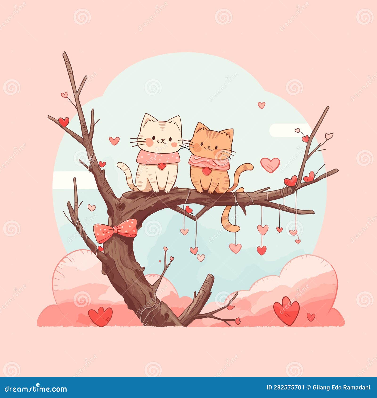 Cartoon Cat. Couple Kitten Loving in Tree Stock Vector - Illustration ...