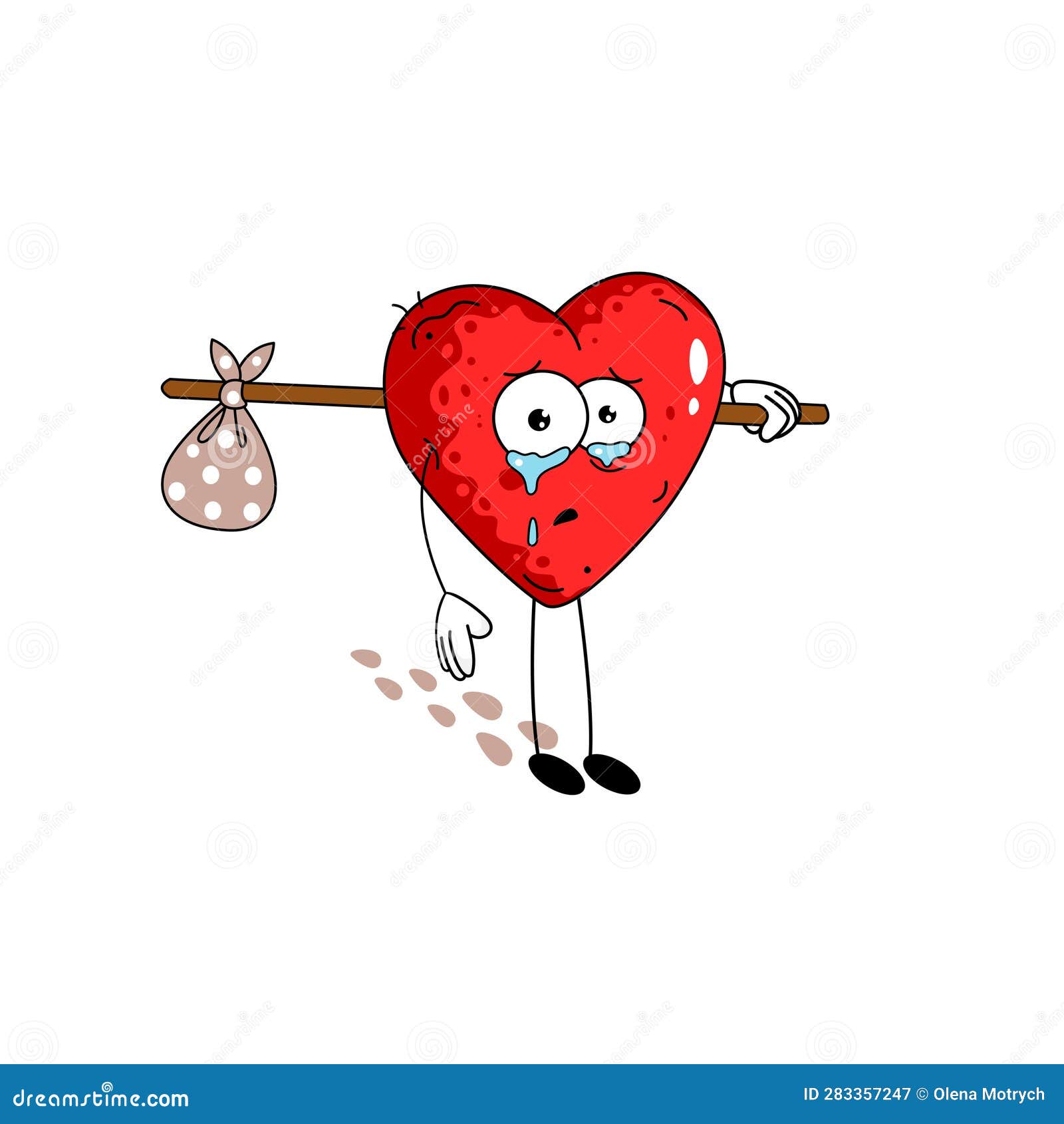 Cute Cartoon Red Heart is Broken and Goes Away with Tears in Their Eyes ...