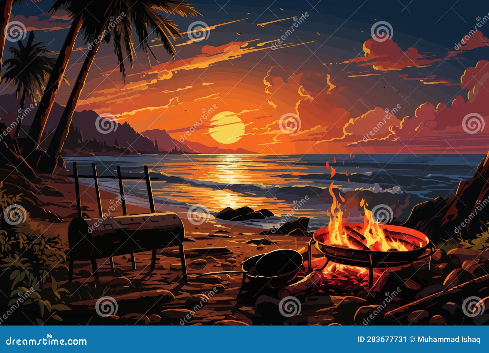 Vector Illustration of Juicy Bratwurst Grilling on a Beachside Bonfire ...