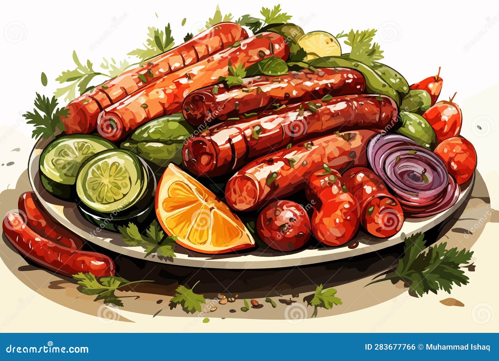 Vector Illustration of Mixed Sausage Platter with Grilled and Raw ...