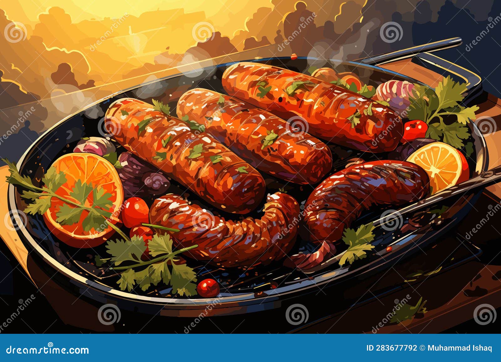 Vector Illustration of Traditional Bratwurst Cooking on a Cast Iron ...