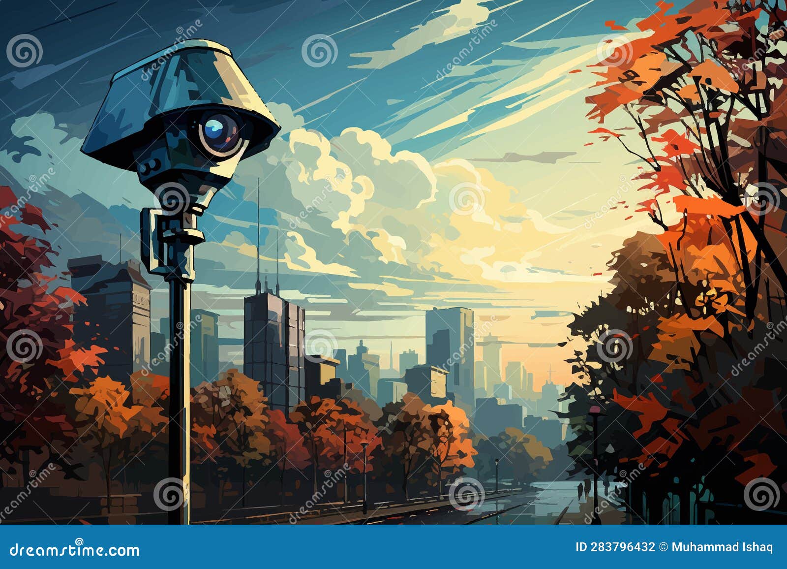 Cartoon Vector Illustration of Outdoor Surveillance Camera with Wide ...