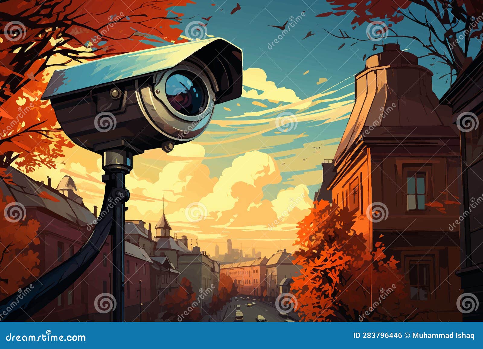 Cartoon Vector Illustration of Outdoor Surveillance Camera with Wide ...
