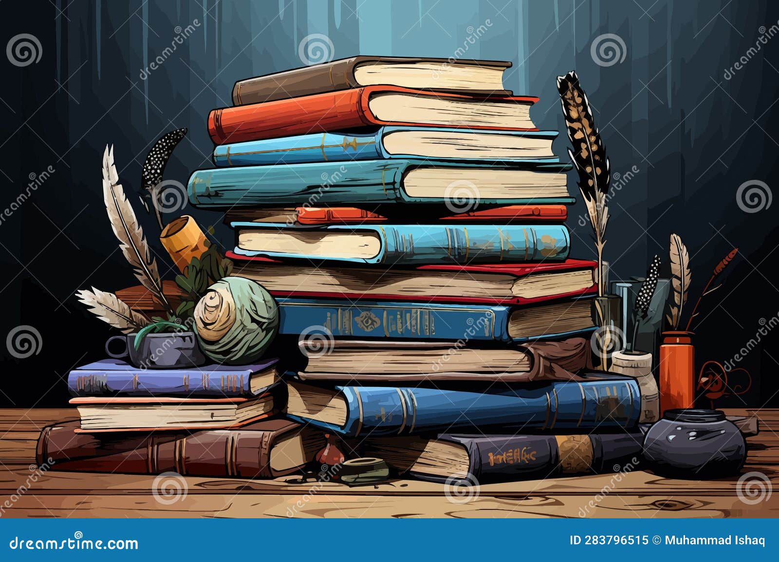 Cartoon Vector Illustration of Colorful Stack of Books with Open Book ...